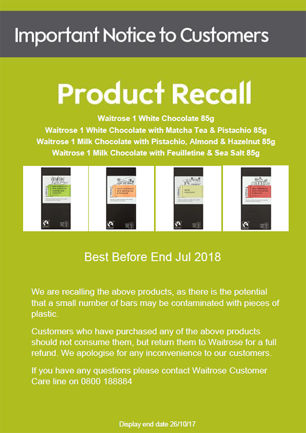 Waitrose recalls four varieties of Waitrose 1 chocolate bars because ...